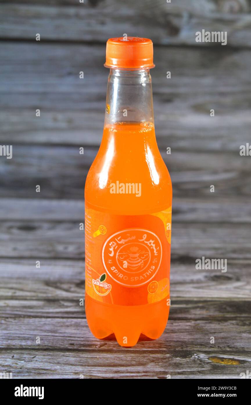 Cairo, Egypt, December 25 2023: Spiro Spathis mandarin orange soda ...