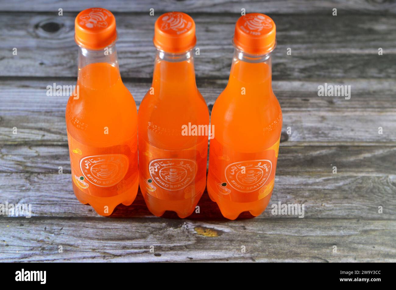 Cairo, Egypt, December 25 2023: Spiro Spathis mandarin orange soda ...