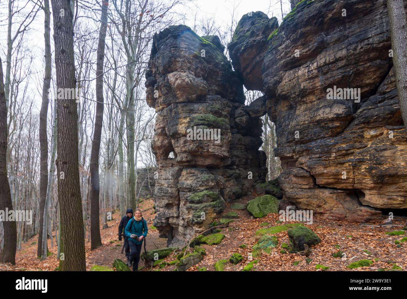 Bad Gottleuba-Berggießhübel: rock formation Hochstein, hiker in ...