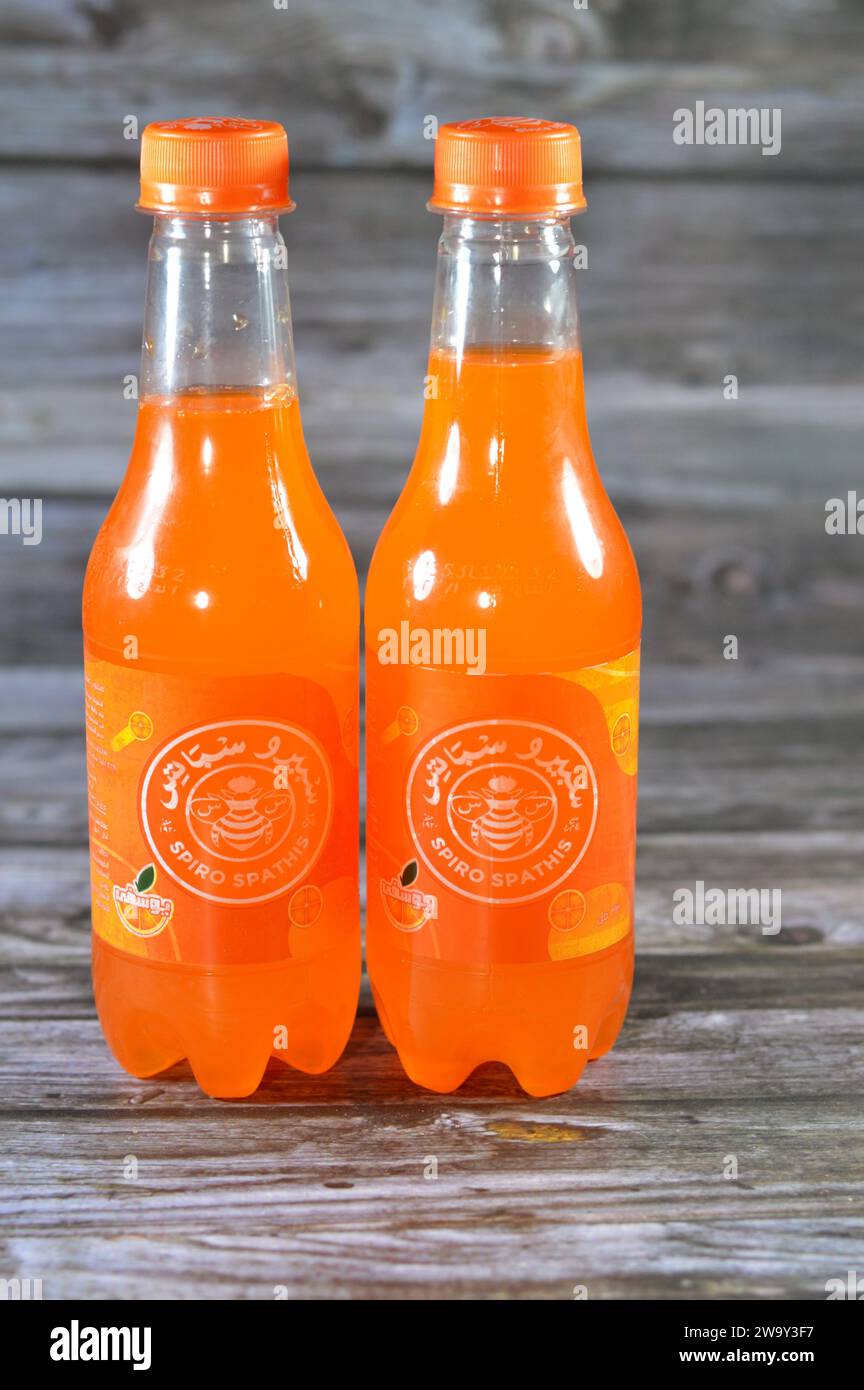 Cairo, Egypt, December 25 2023: Spiro Spathis mandarin orange soda ...