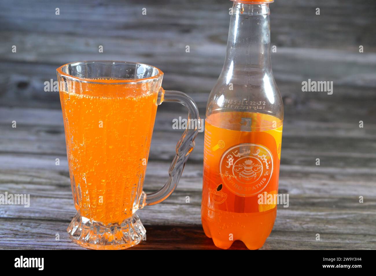 Cairo, Egypt, December 25 2023: Spiro Spathis mandarin orange soda ...