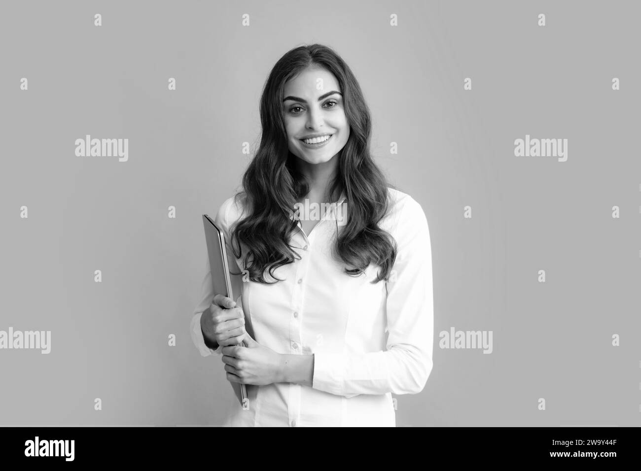 Portrait of positive cheerful ceo expert business woman work at laptop ...