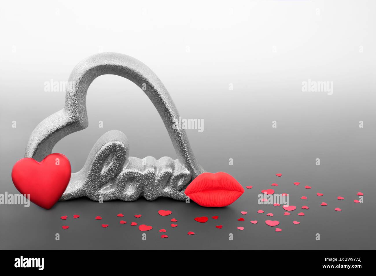 Heart shape love sign, luscious red pouting lips and loose red heart ...
