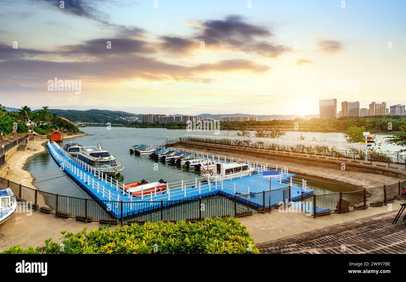 Entertainment speedboat dock on the bank of Lancang River ...