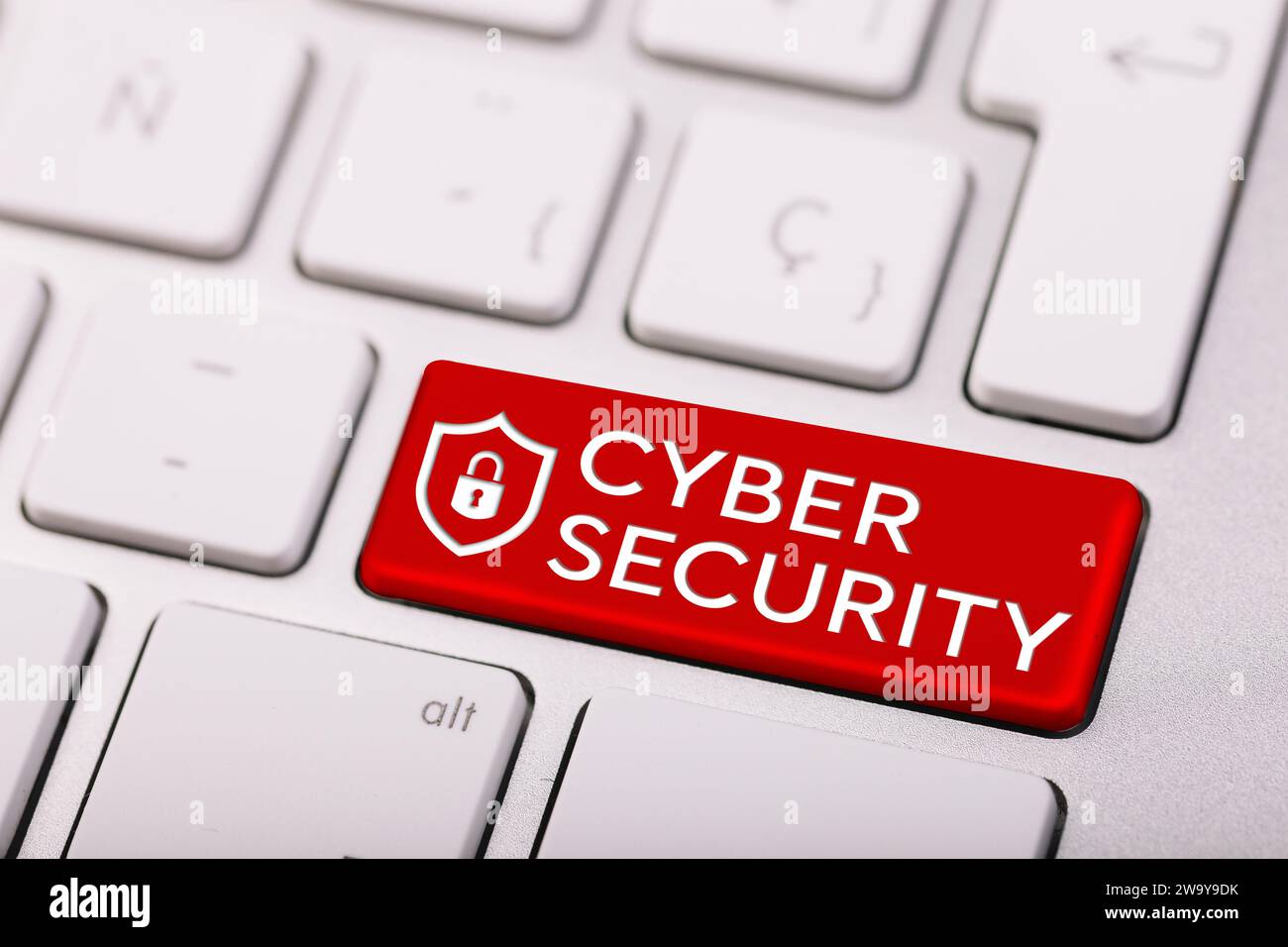 Cyber security concept on red button of white keyboard close-up Stock ...