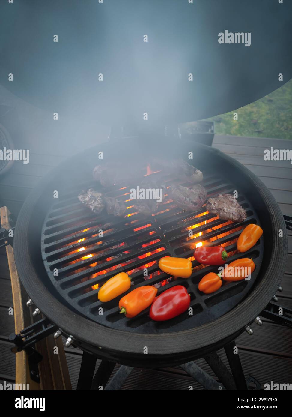 A kamado egg type barbeque grill standing on a living house terrace ...