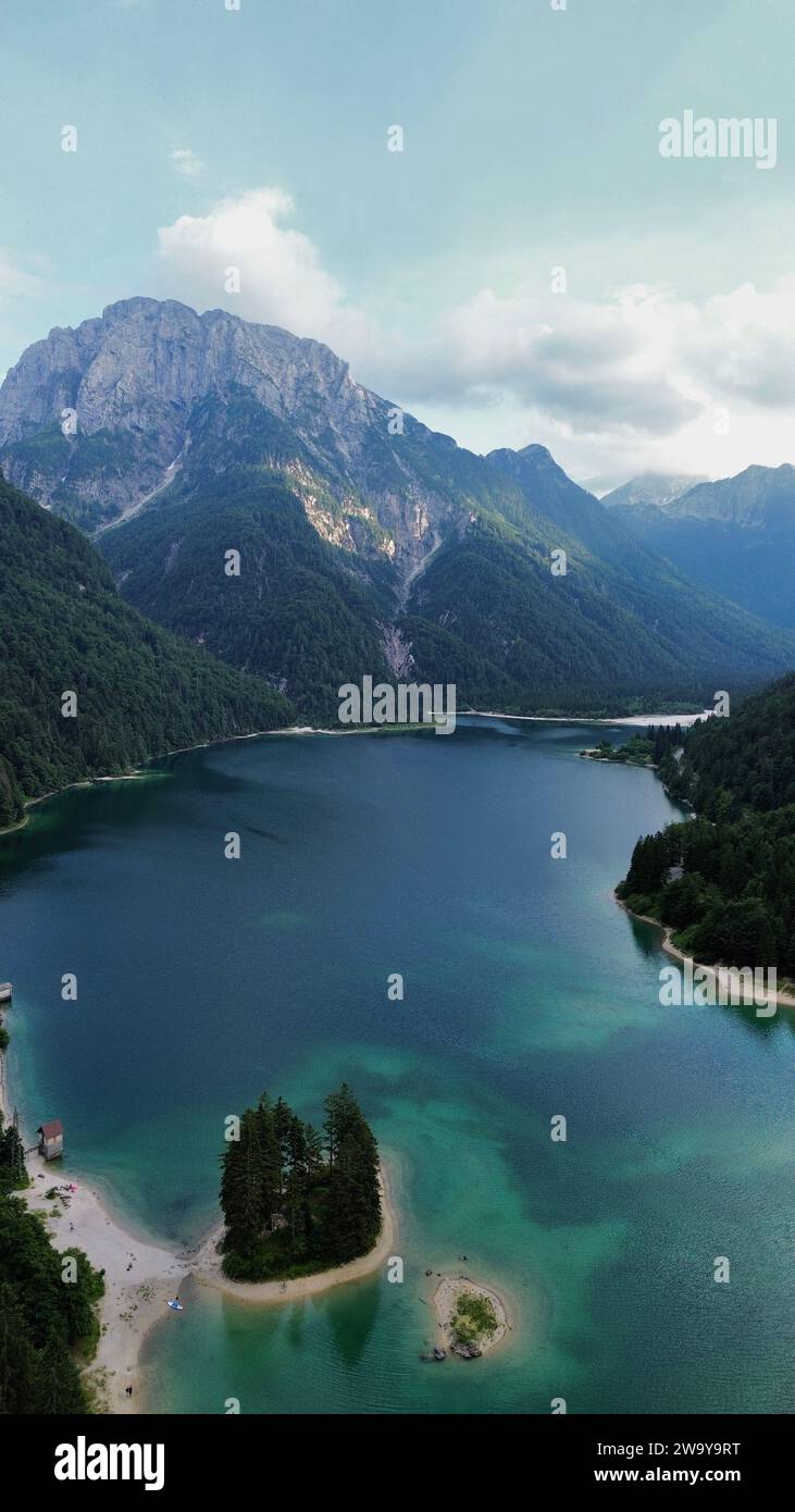 drone photo Predil lake, Lago del Predil Dolomites italy europe Stock ...