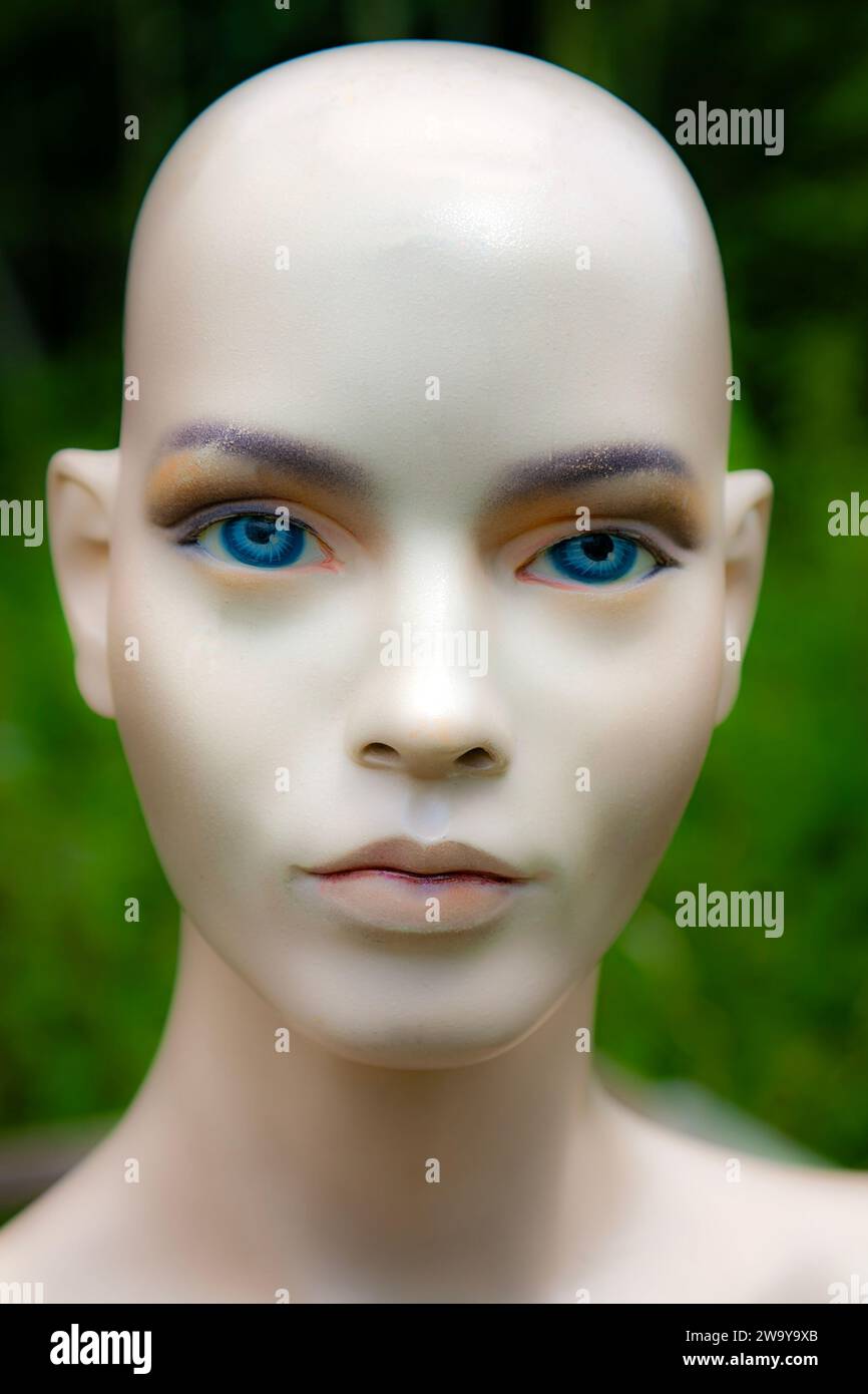 Female mannequin face doll model woman bald blue eyes close-up Stock ...