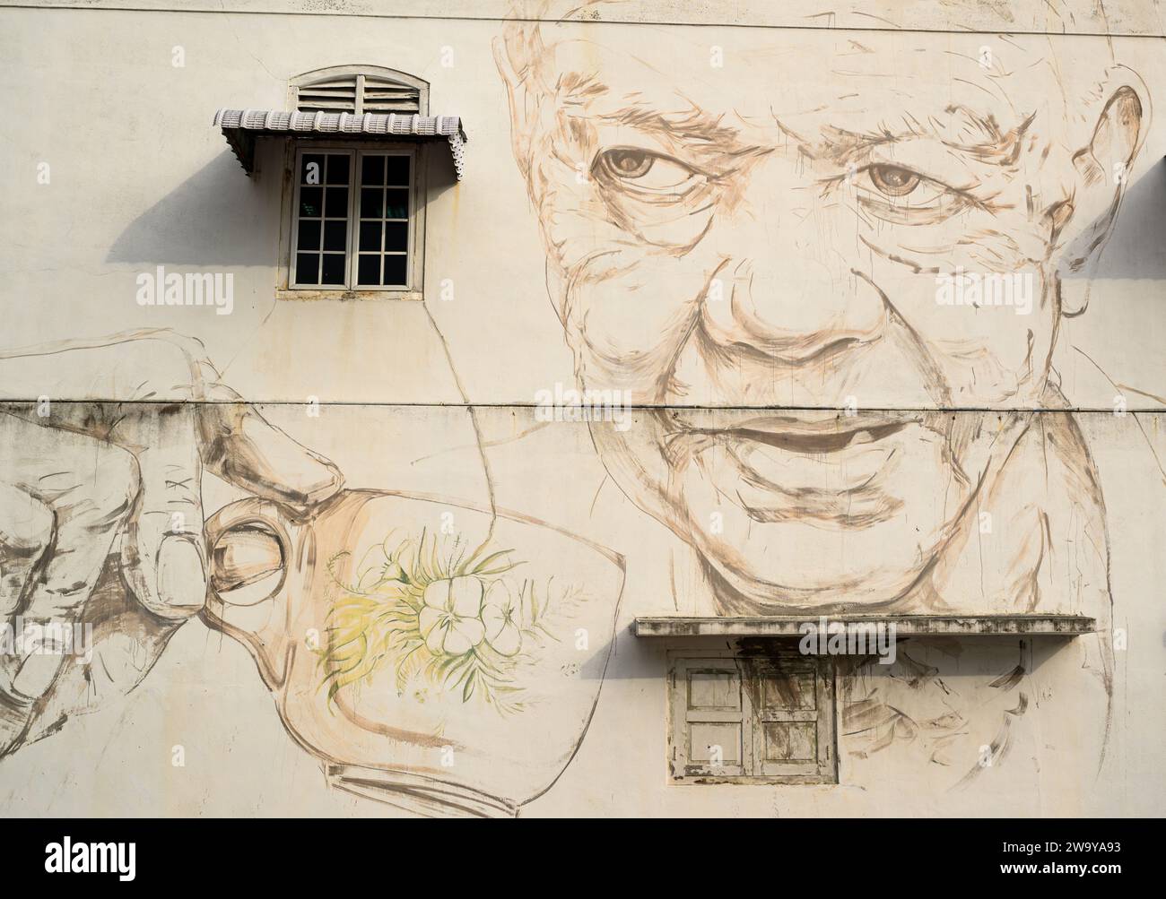 Old Uncle Drinking Coffee Street Art, Ipoh, Perak, Malaysia Stock Photo ...