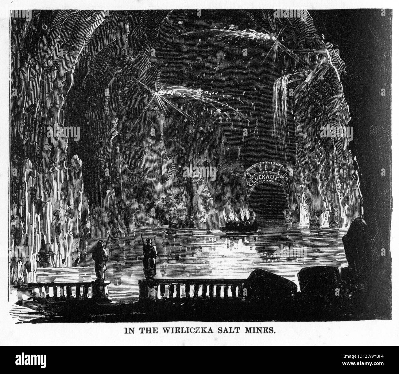 Engraving of men working in the great Wieliczka Salt Mines at Galicia ...