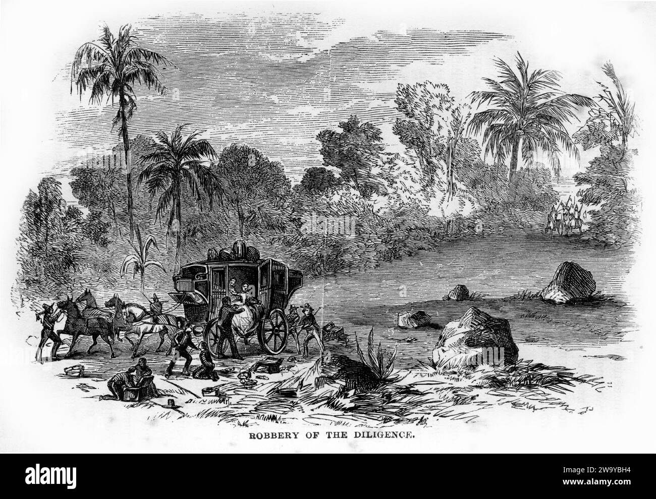 Engraving of thieves robbing a stagecoach, probably in California, from ...
