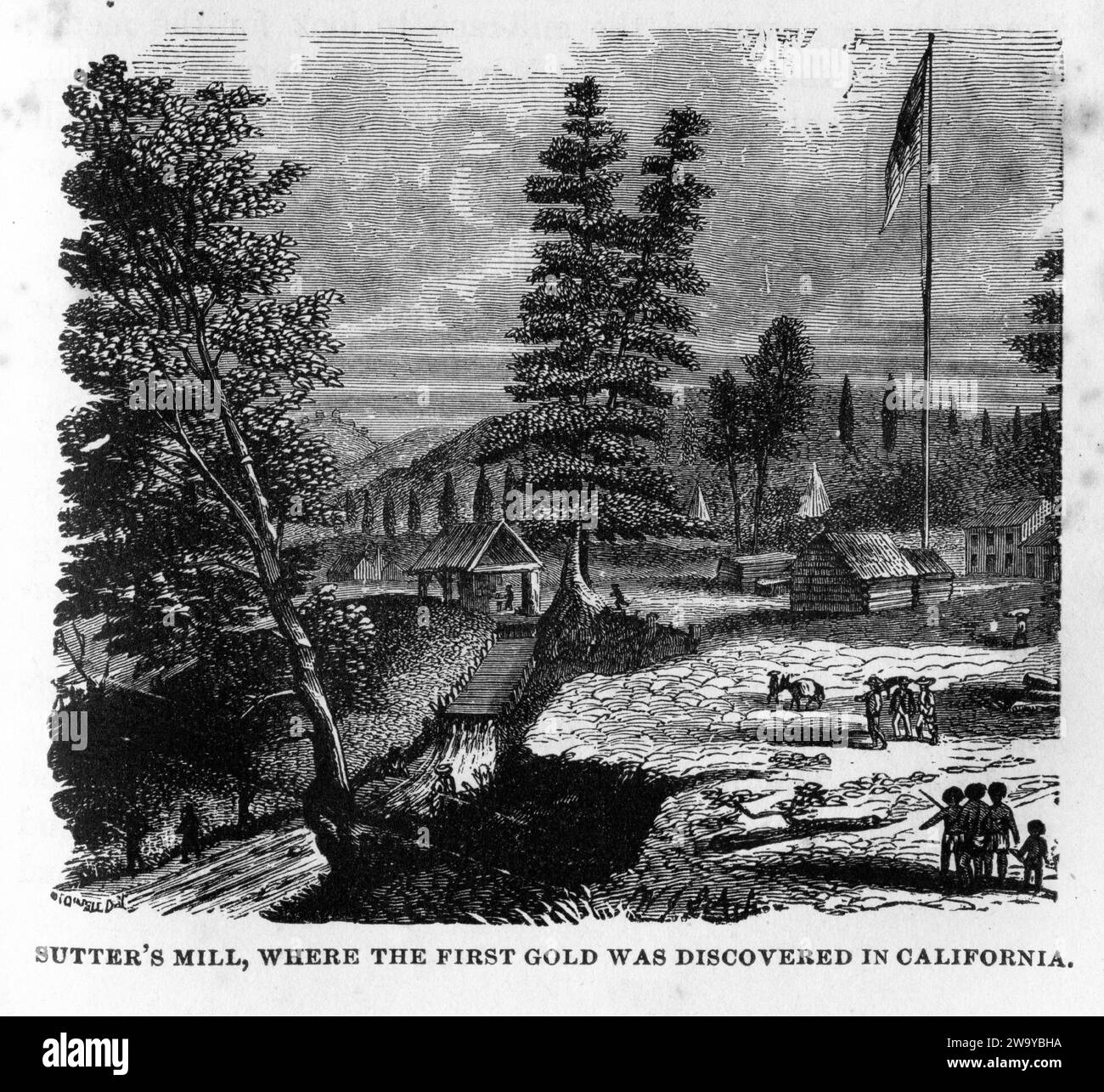 Engraving of Sutter's Mill, where gold was discovered in California in ...
