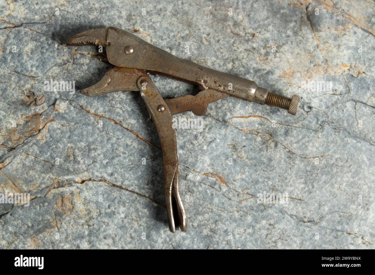 Minimalist still life of a rusty adjustable mole grip sprung loaded ...