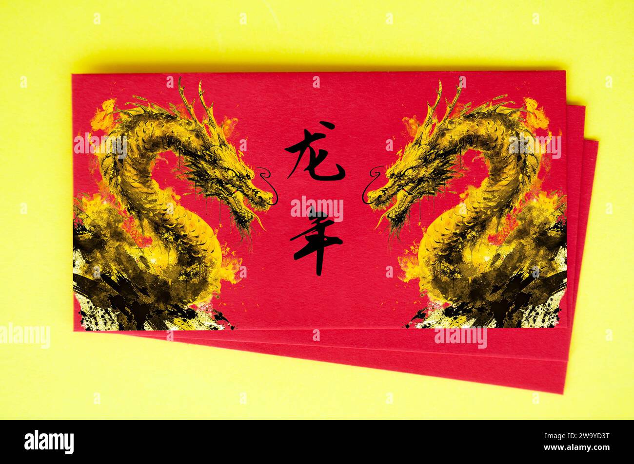 Top view of Chinese New Year red packet with golden dragons. Chinese ...