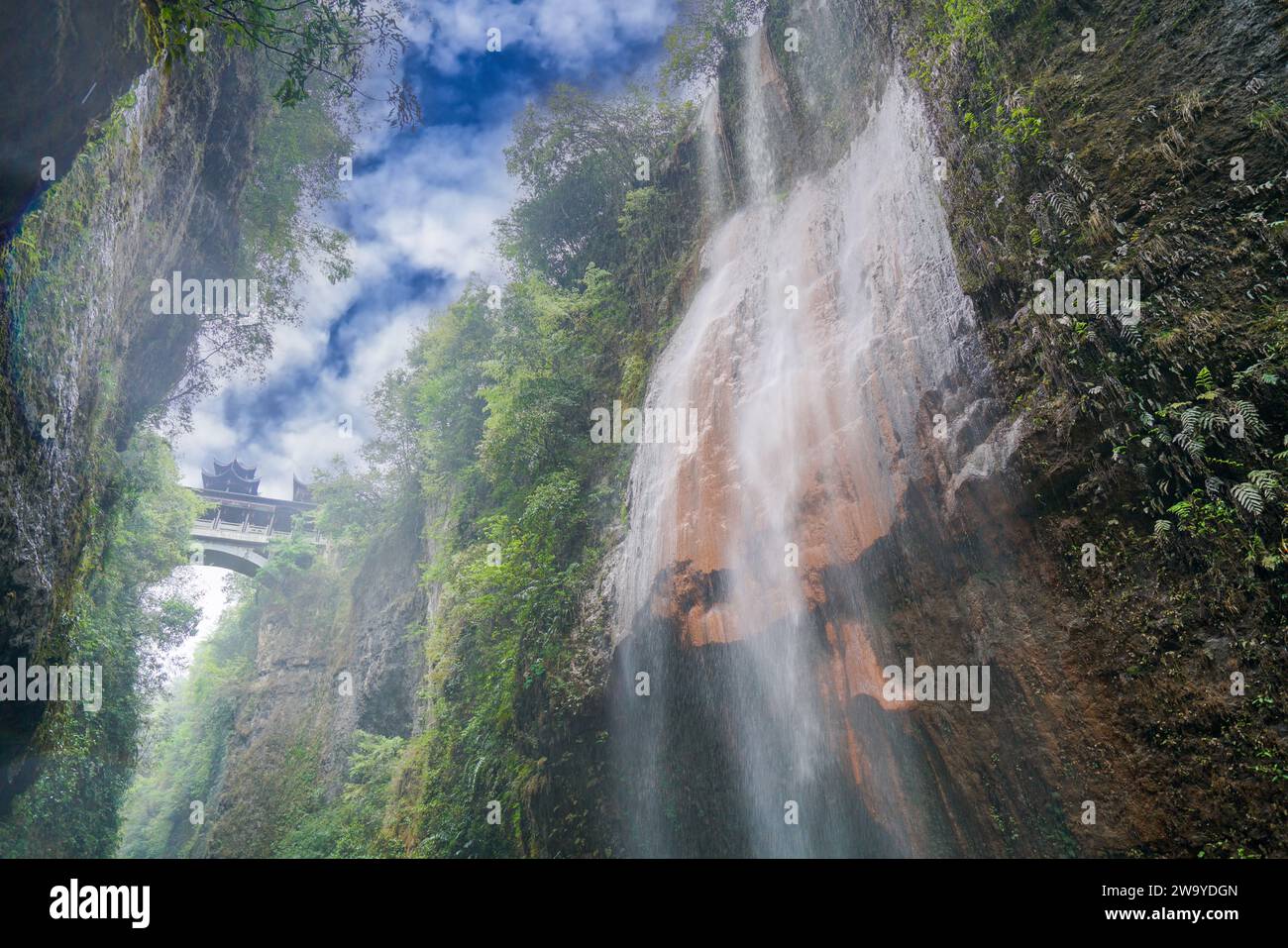 Lush vegetation and golden waterfalls. A temple on the bridge across ...