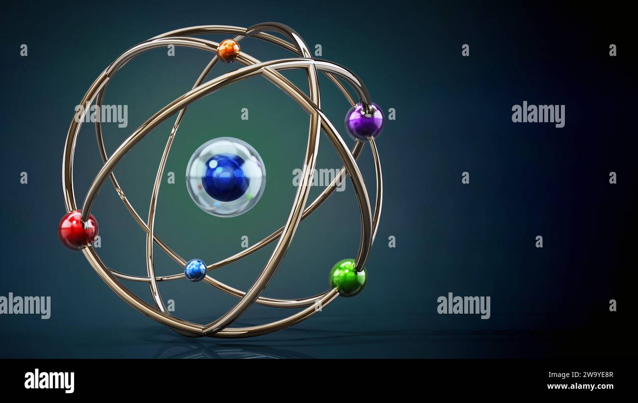Fictitious atom model with core and orbiting spheres. 3D illustration ...