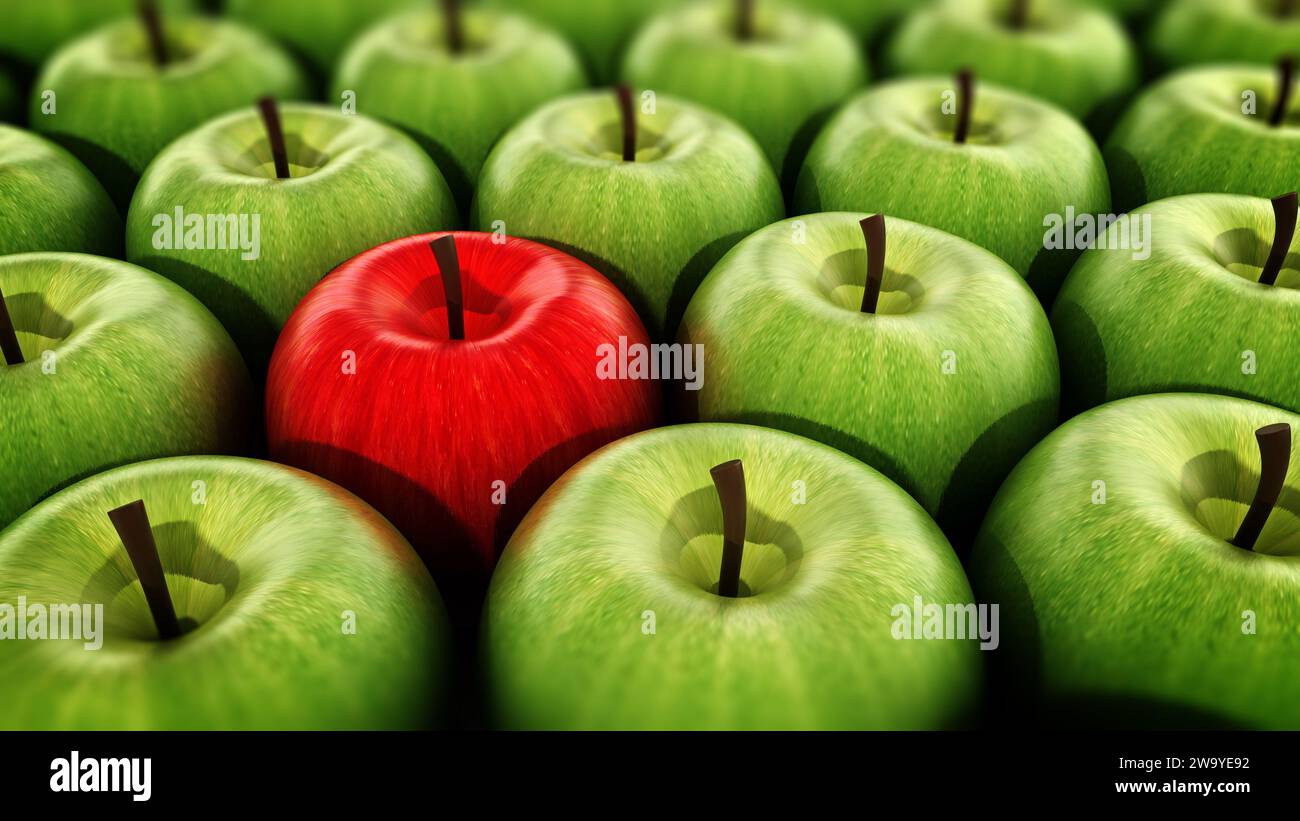 Red apple standing out from green apples. 3D illustration Stock Photo ...