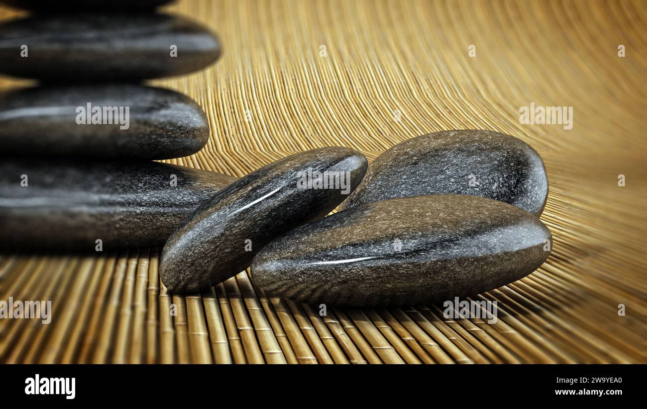 Black balancing stones standing on bamboo background. 3D illustration ...