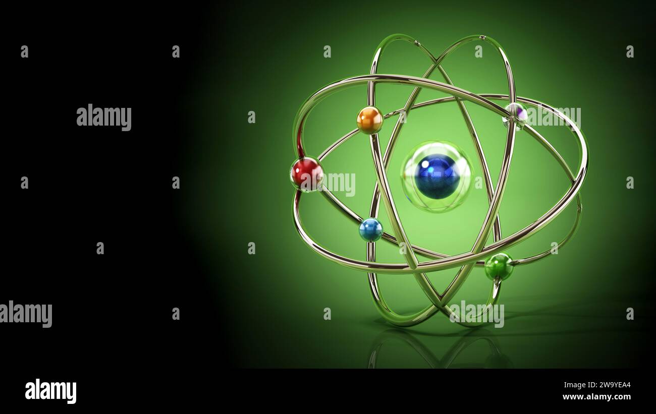 Fictitious atom model with core and orbiting spheres. 3D illustration ...