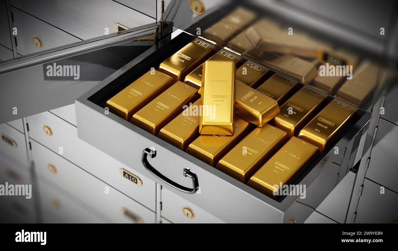 Gold ingots inside private bank deposit box. 3D illustration Stock ...