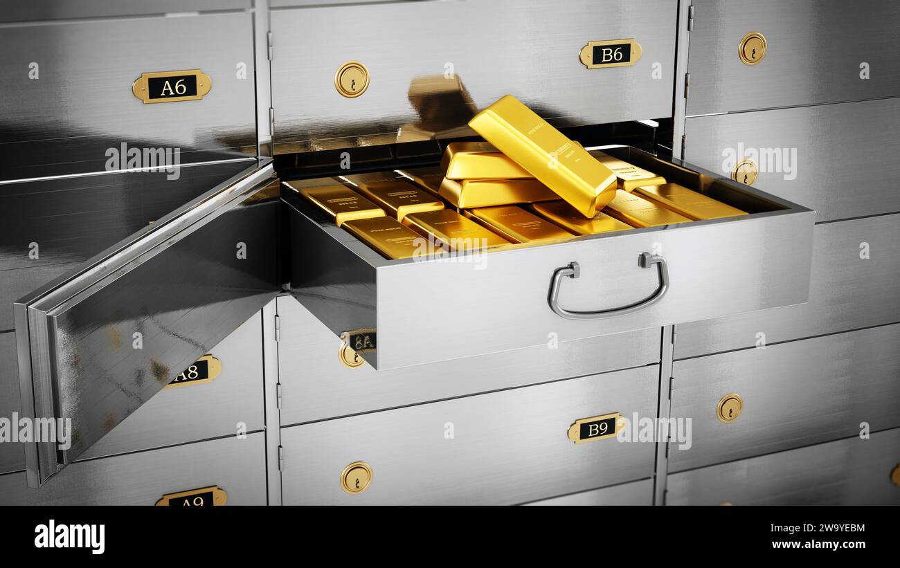 Gold ingots inside private bank deposit box. 3D illustration Stock ...