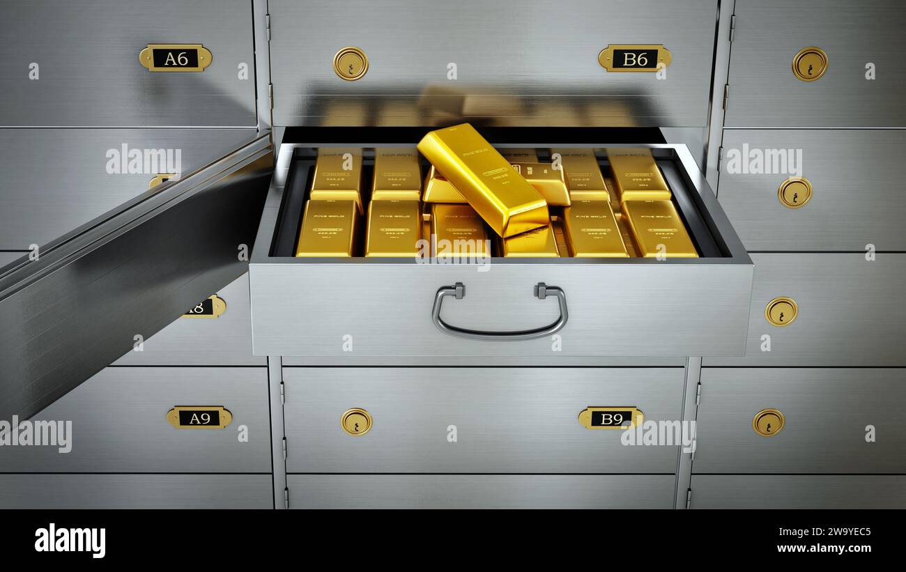 Gold ingots inside private bank deposit box. 3D illustration Stock ...
