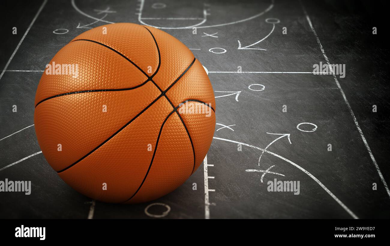 Basketball standing on game strategy blackboard. 3D illustration Stock ...