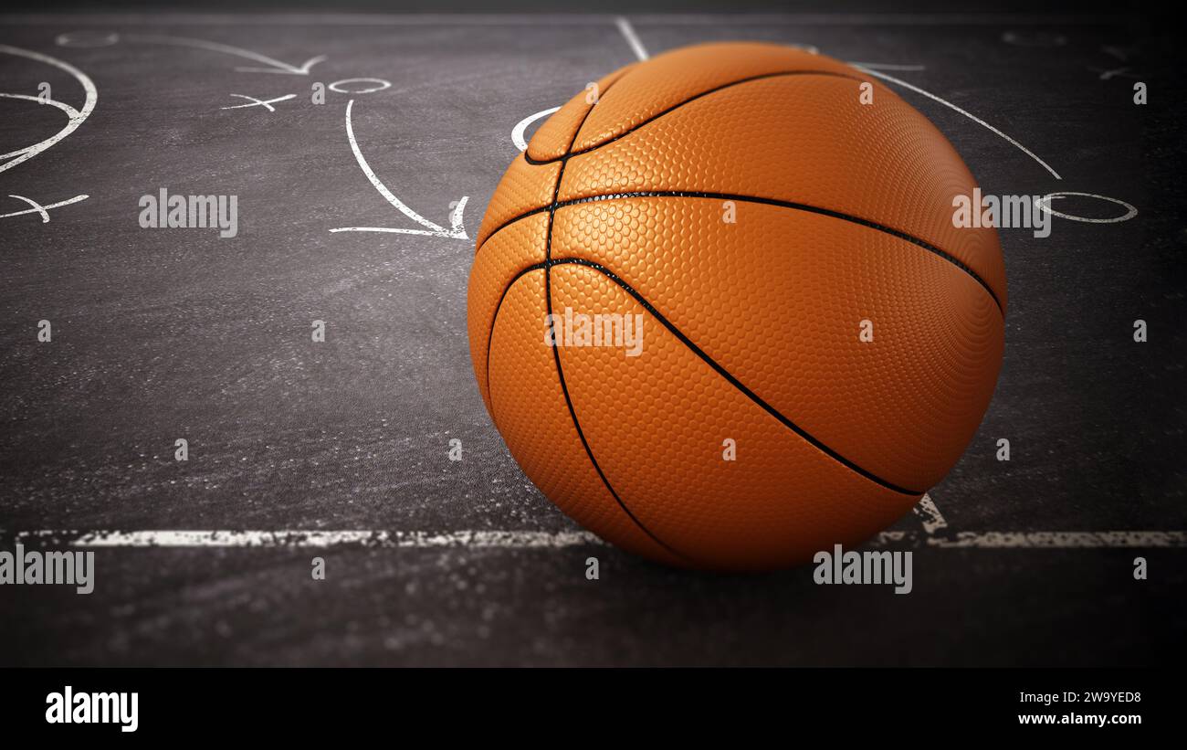 Basketball standing on game strategy blackboard. 3D illustration Stock ...