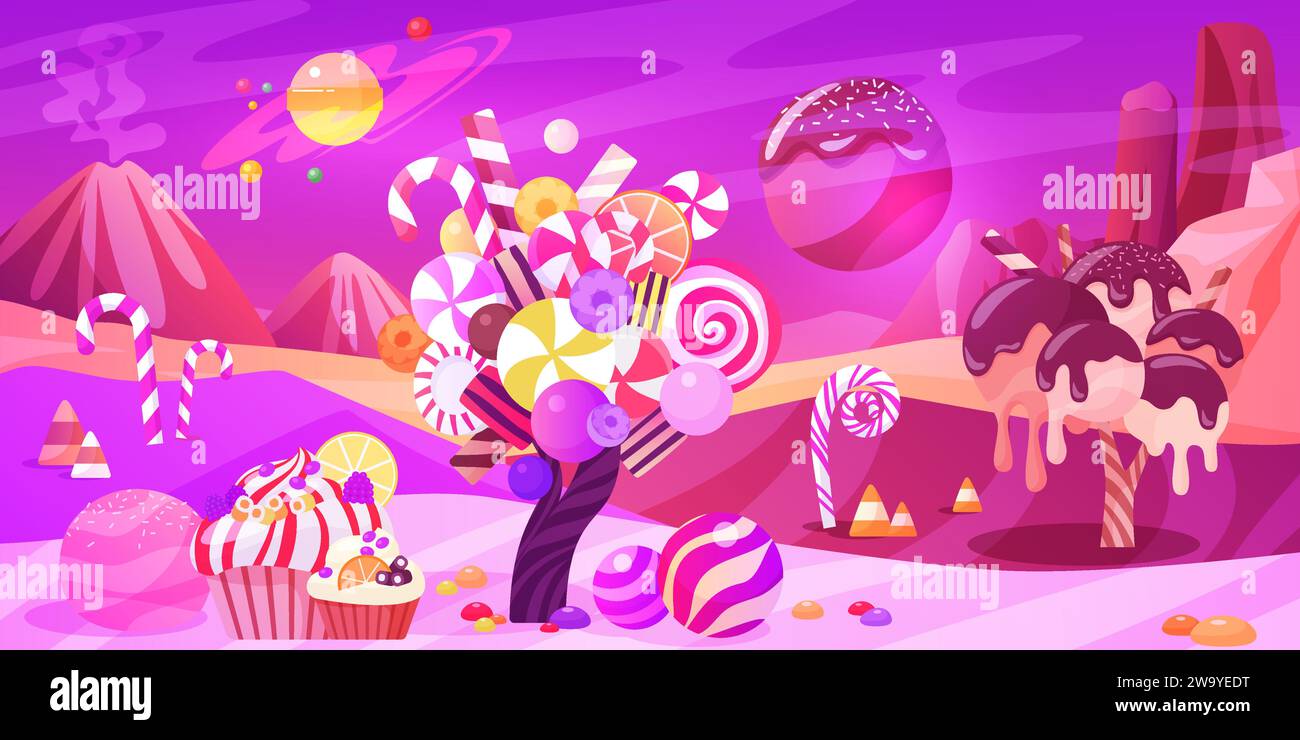 Fantasy land of candy alien planet with sweet trees, magic plants and ...