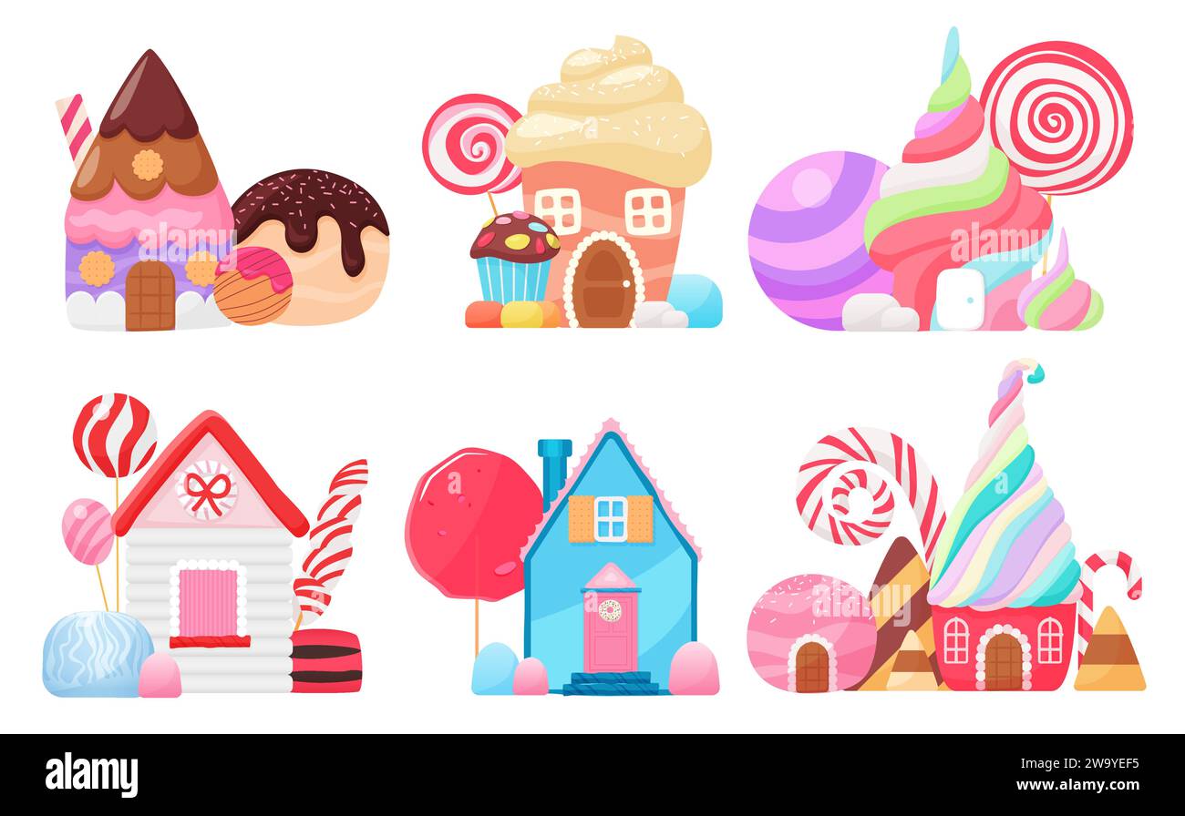 Candy houses set. Fairy tale buildings with whipped rainbow cream and ...