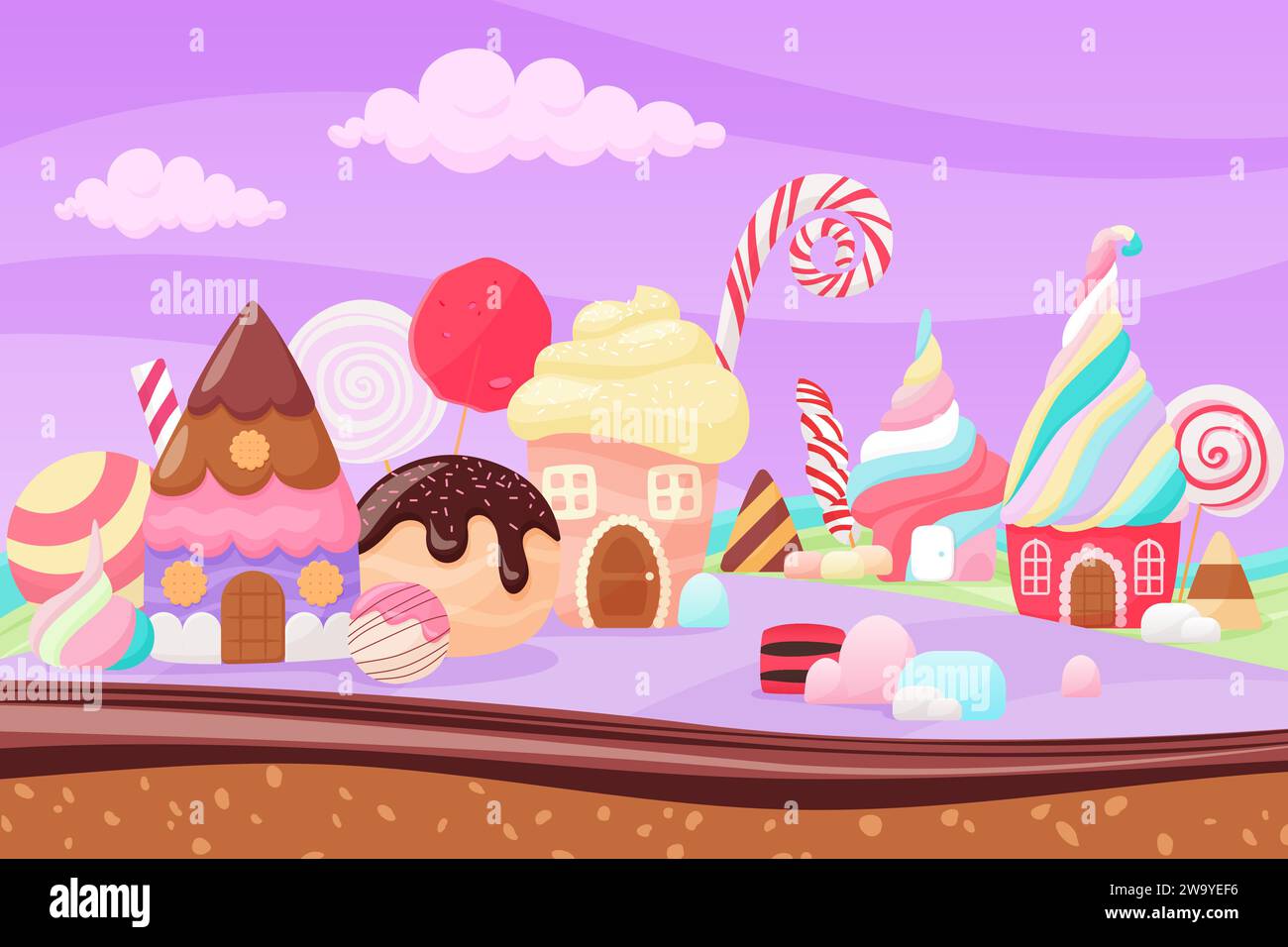 Candy land landscape, sugar houses with swirls of sweet cream, caramel ...