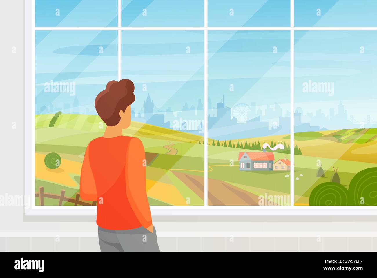 Man looking out window at summer countryside landscape and city on ...