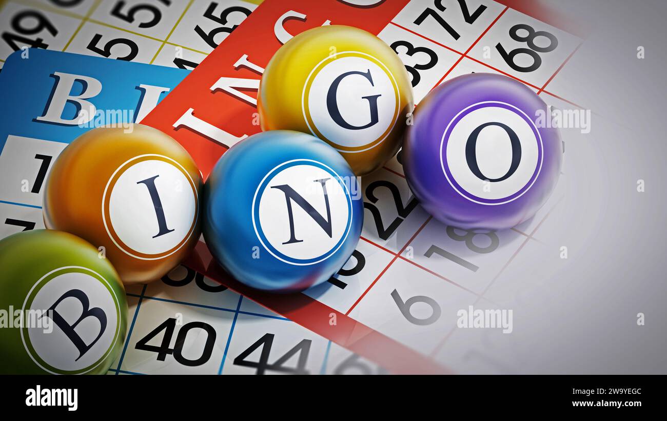 BINGO game cards and balls forming bingo word. 3D illustration Stock ...