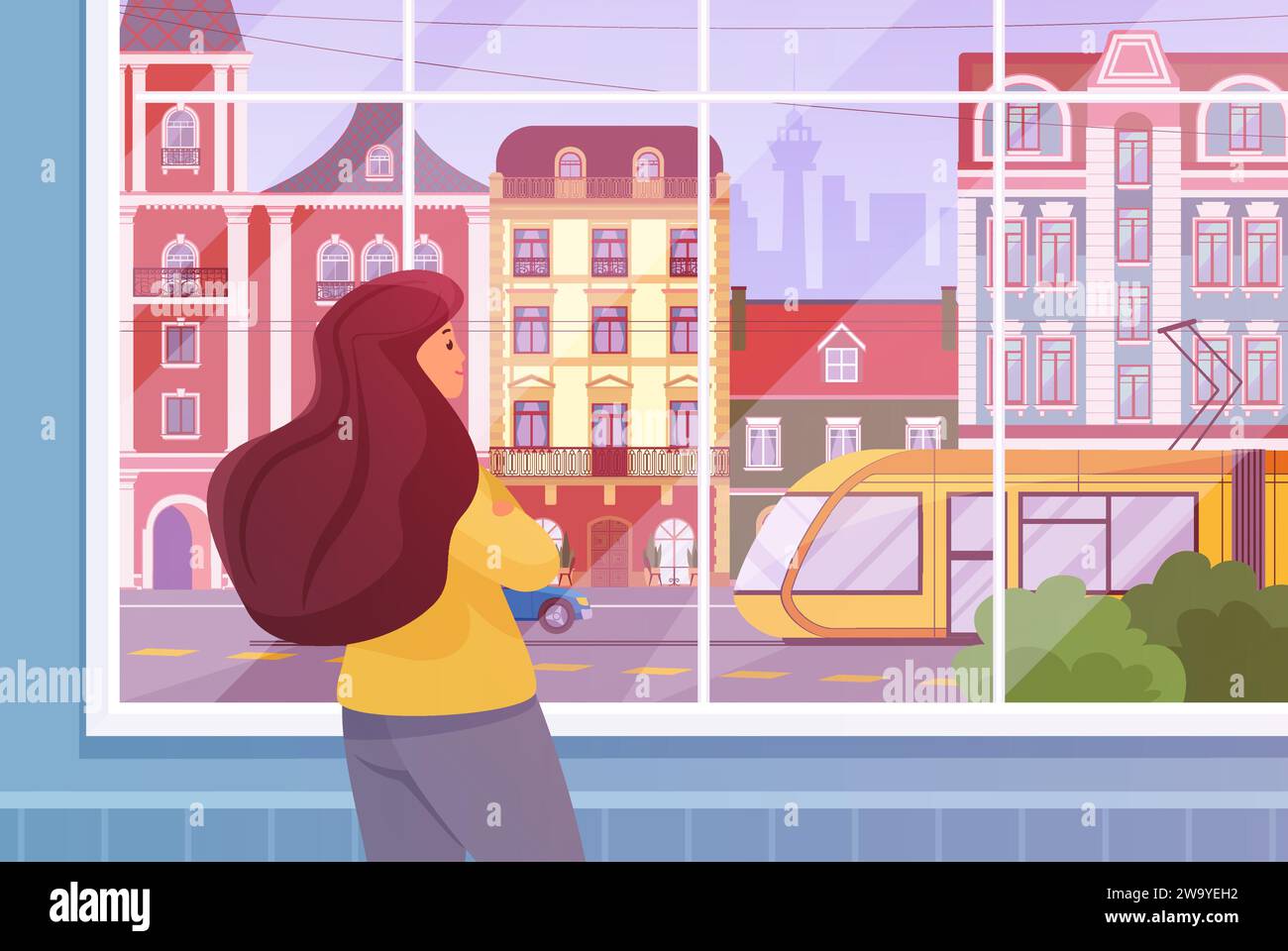 Girl looking through window glass at tram and street of summer old city ...