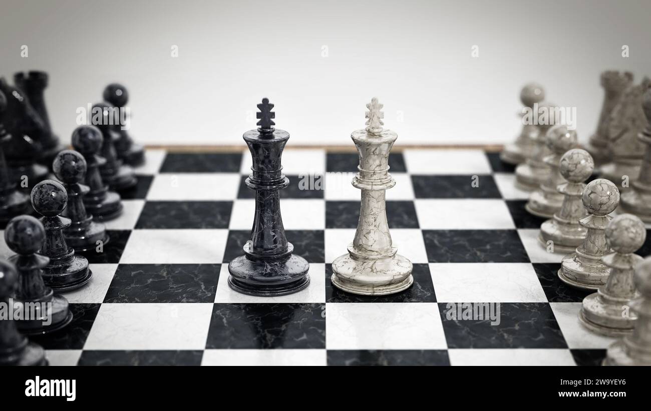 Chessboard with black and white kings facing each other. 3D ...