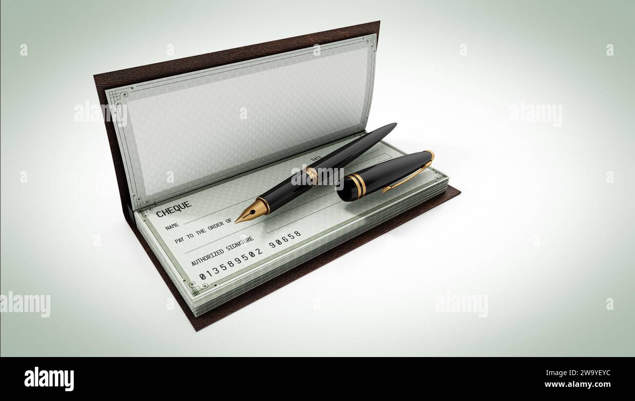 Cheque book and ink pen isolated on white background. 3D illustration ...
