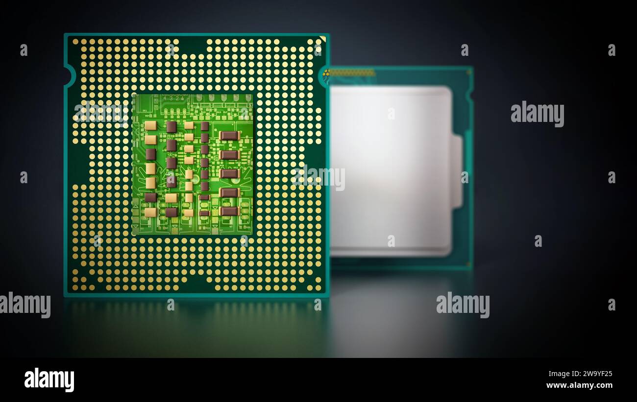 CPU front and backside isolated on black background. 3D illustration ...