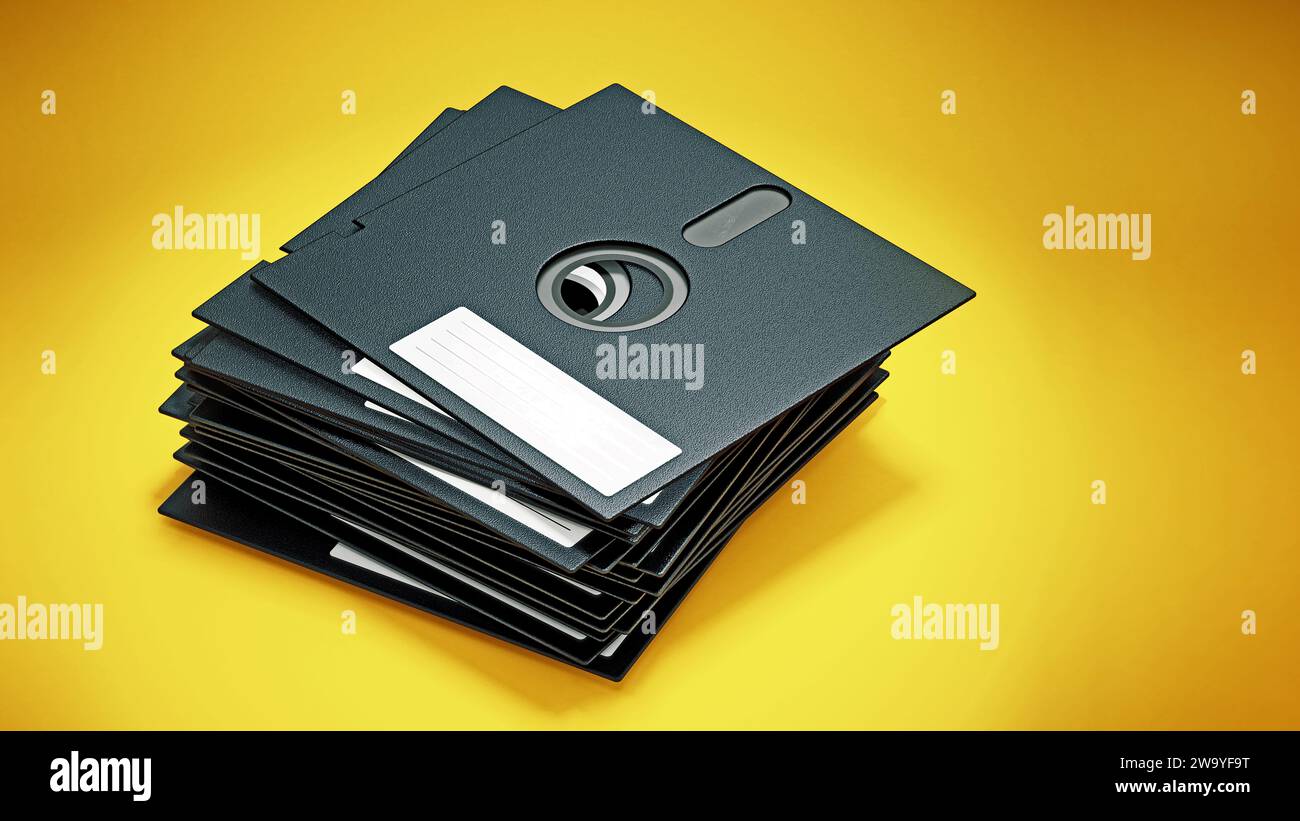 5.25 inch floppy disks isolated on yellow background. 3D illustration ...