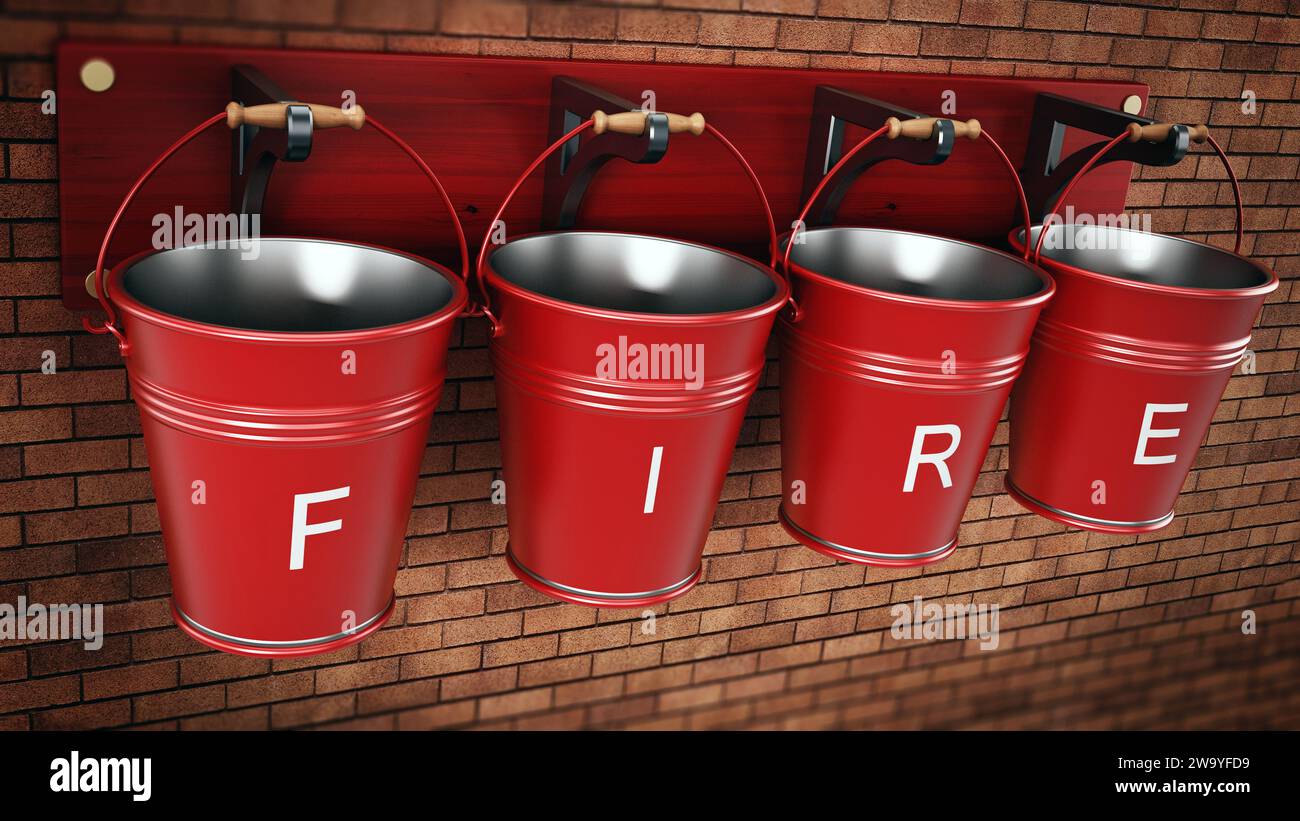 Vintage fire buckets hanging on the wall. 3D illustration Stock Photo ...
