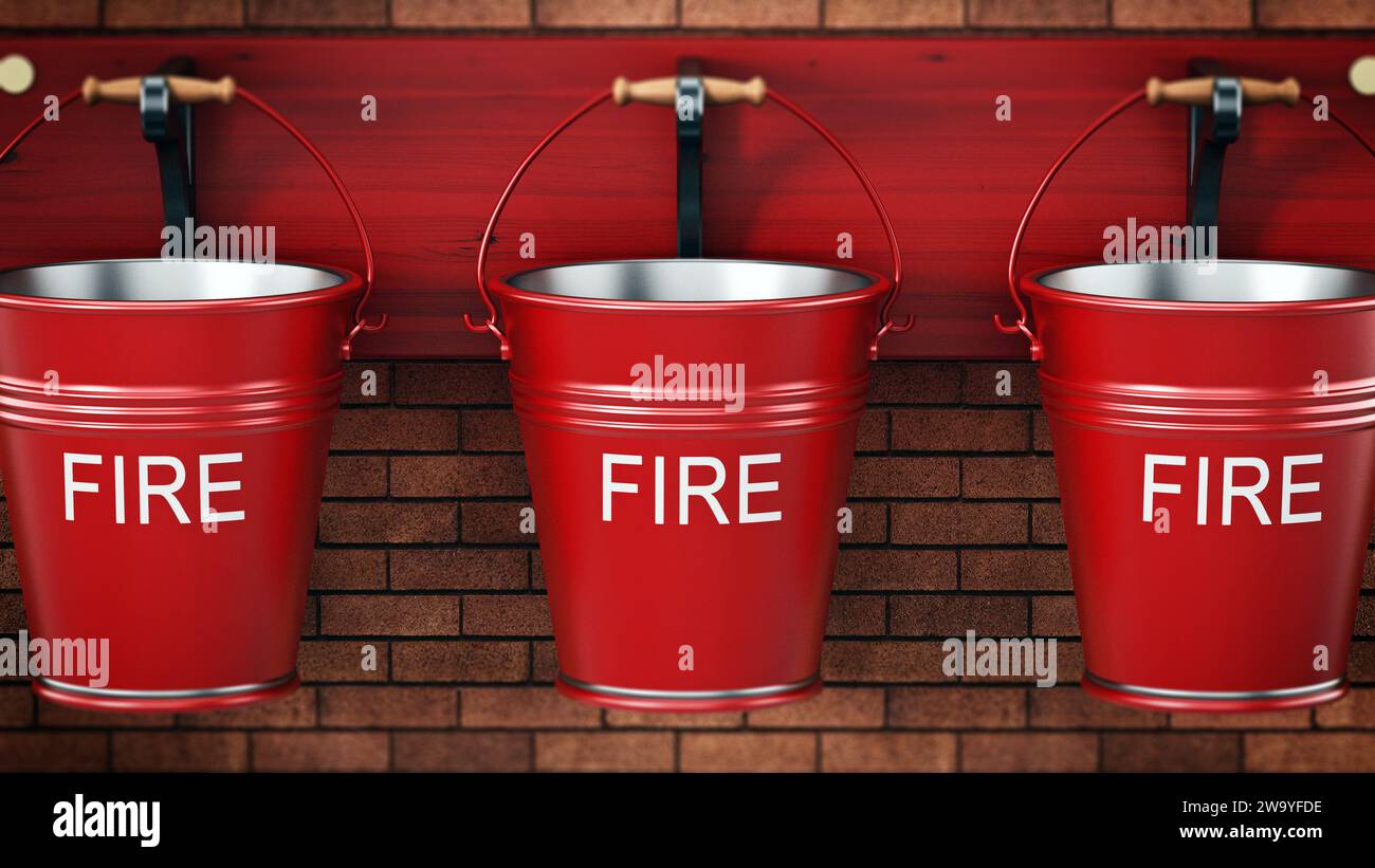 Vintage fire buckets hanging on the wall. 3D illustration Stock Photo ...