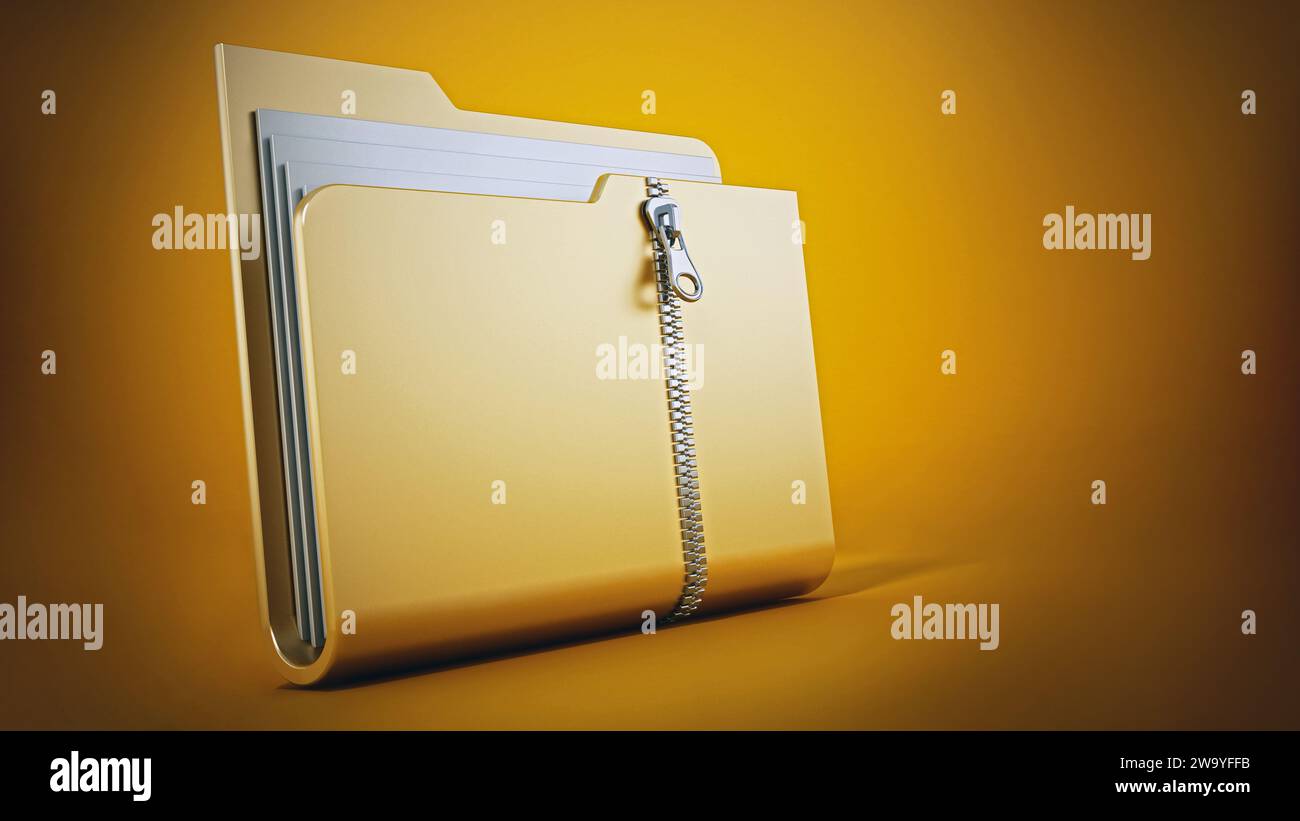 Zipped folder standing on yellow background. 3D illustration Stock ...