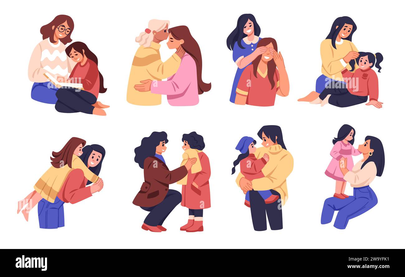 Mother hugging child. Mom with kid, children in happy family, parent hug daughter, girl and mum ...