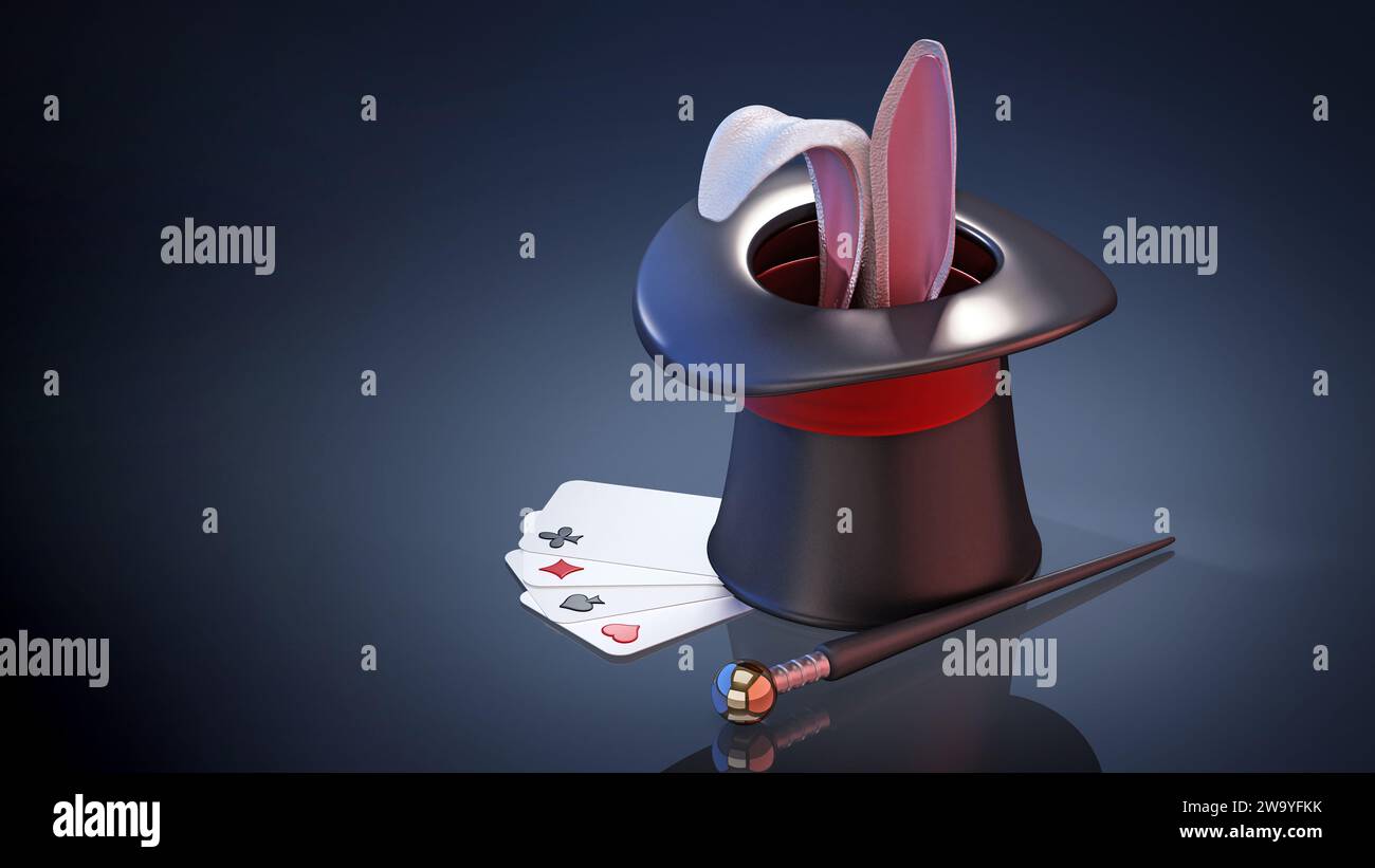 Illusionist hat, stick, playing cards and rabbit ears on black ...