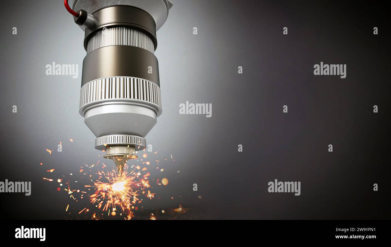 Laser cutter with sparks against dark background. 3D illustration Stock ...