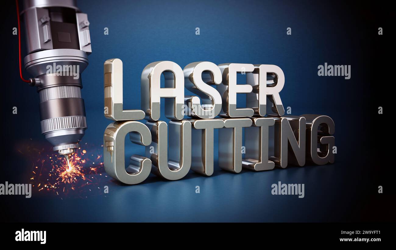 Laser cutter with sparks on laser cutting text. 3D illustration Stock ...