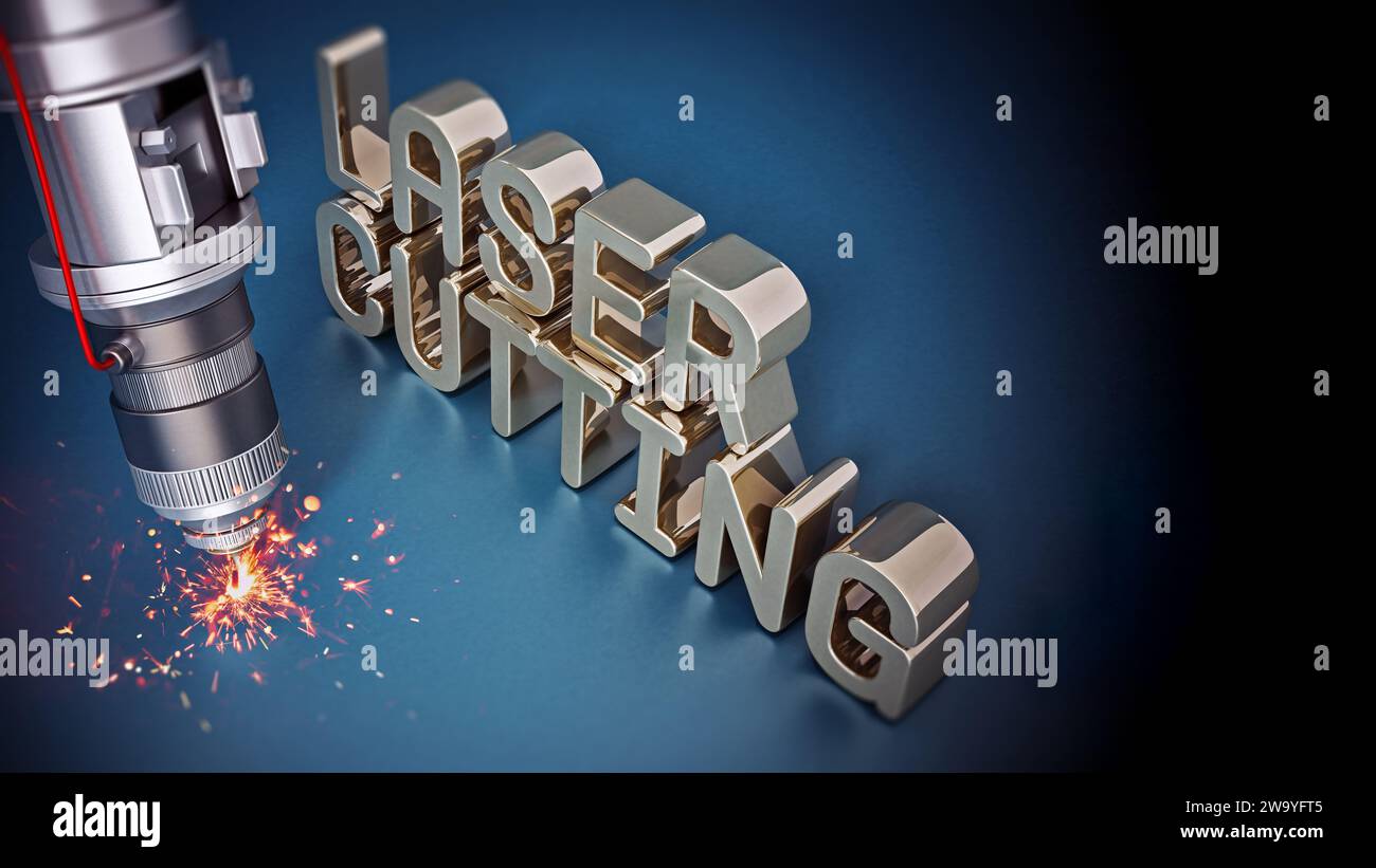 Laser cutter with sparks on laser cutting text. 3D illustration Stock ...