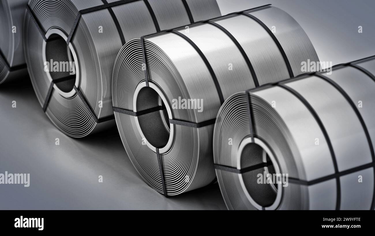 Stainless steel rolls in a row. 3D illustration Stock Photo - Alamy