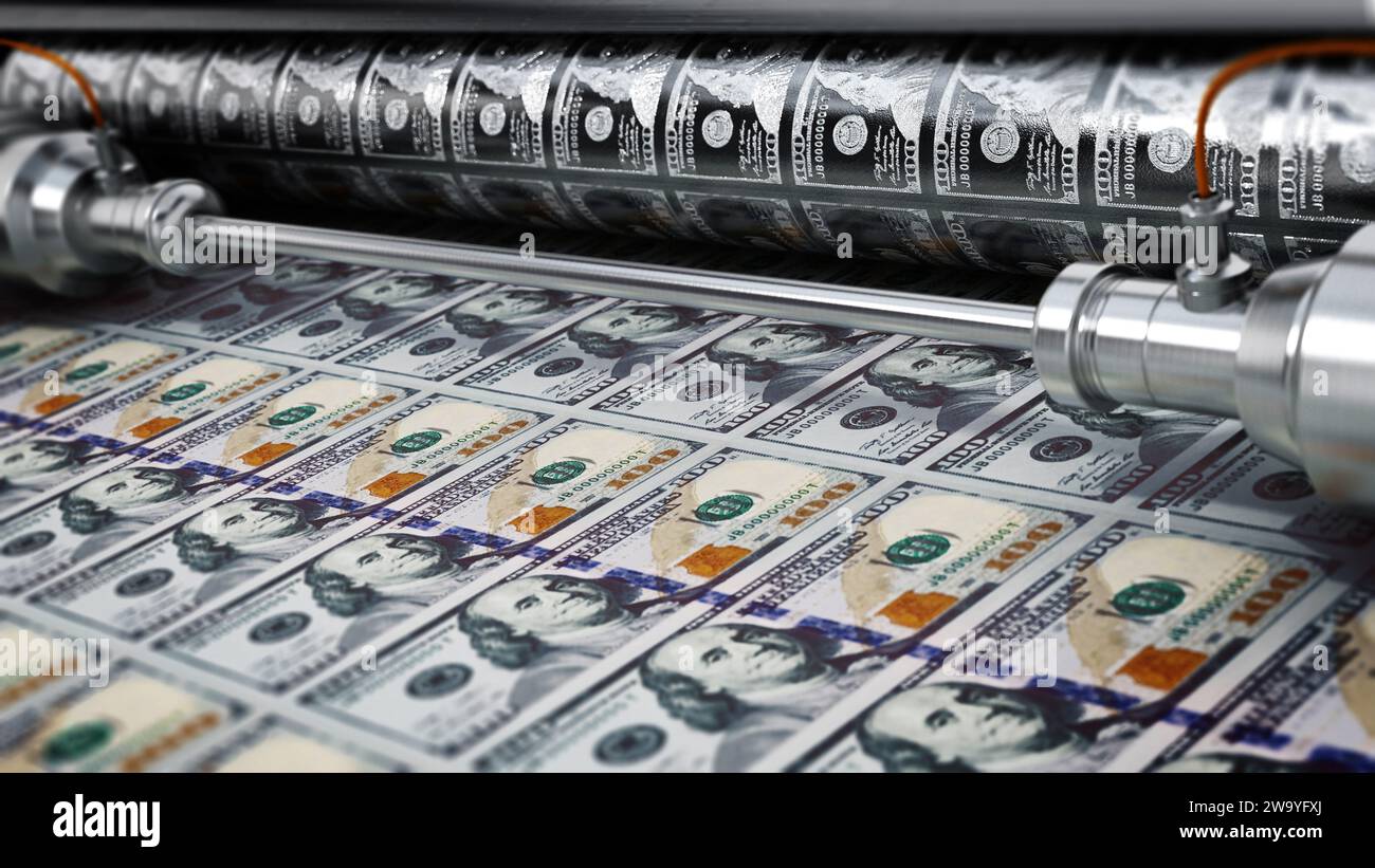 Money printing machine printing 100 dollar banknotes. 3D illustration ...