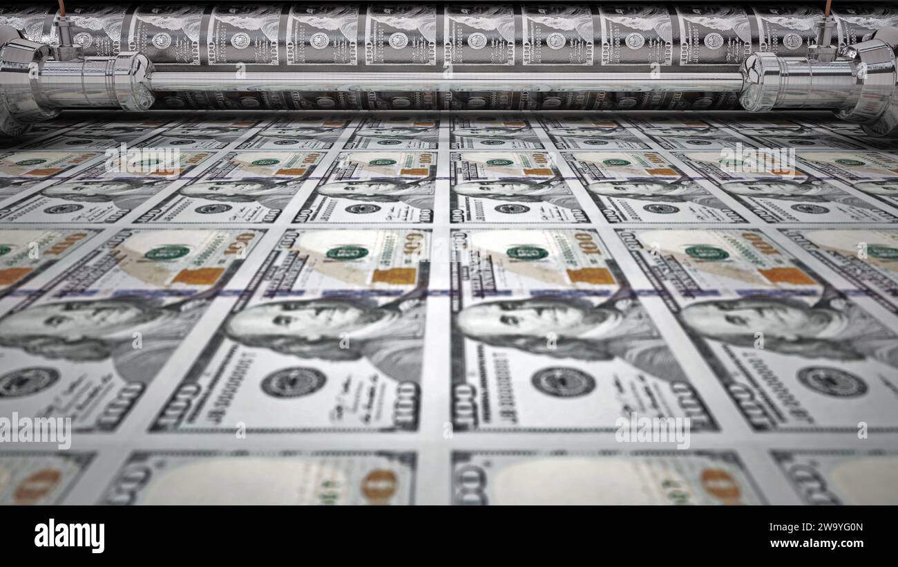 Money printing machine printing 100 dollar banknotes. 3D illustration ...