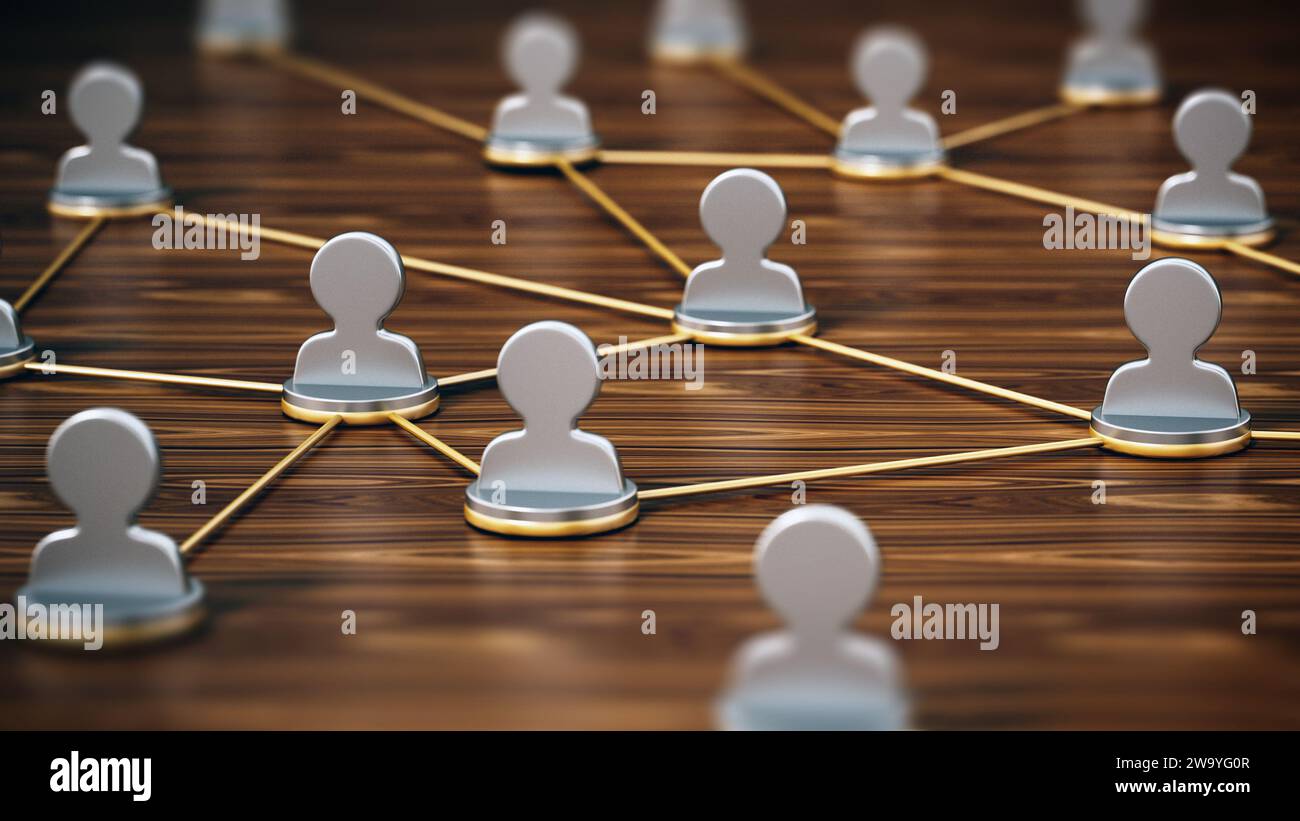 Lines connecting white 3D head symbols. Connectivity and network ...